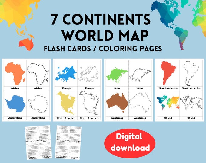 WORLD CONTINENTS • Montessori Cards • Flash Cards • Three Part Cards ...