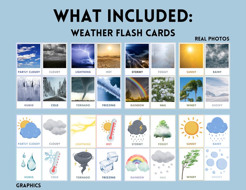 32 Weather Flash Cards, Weather Weekly Chart, INSTANT DOWNLOAD, Toddler ...