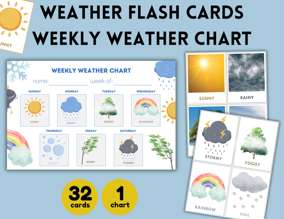 32 Weather Flash Cards, Weather Weekly Chart, INSTANT DOWNLOAD, Toddler ...