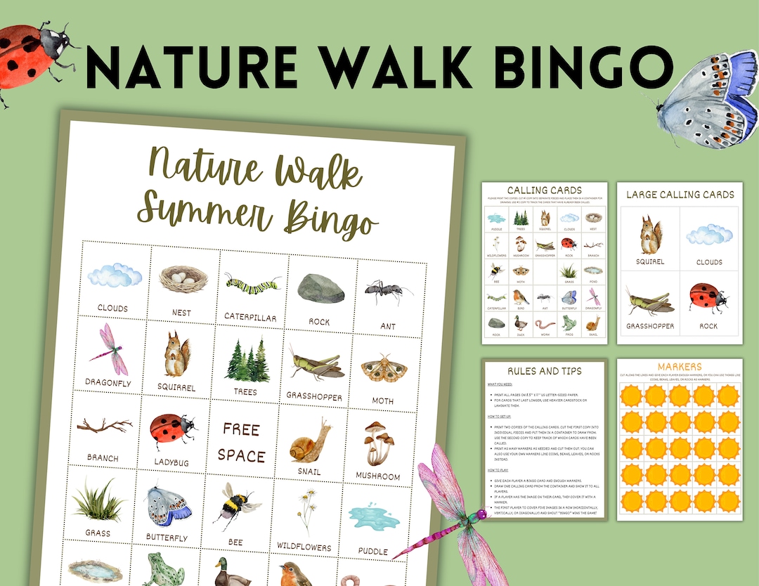 Summer Nature Walk Bingo Cards Printable Game, Camp Birthday Party ...