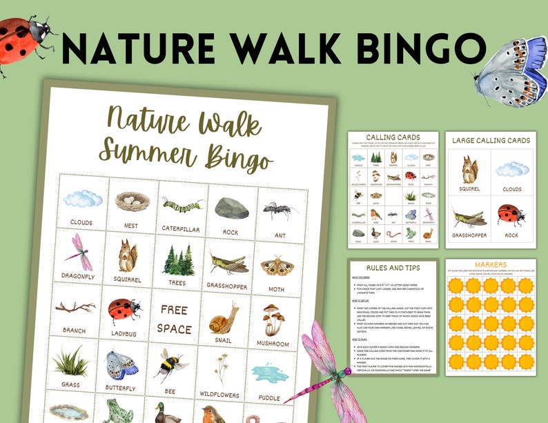 Summer Nature Walk Bingo Cards Printable Game, Camp Birthday Party ...
