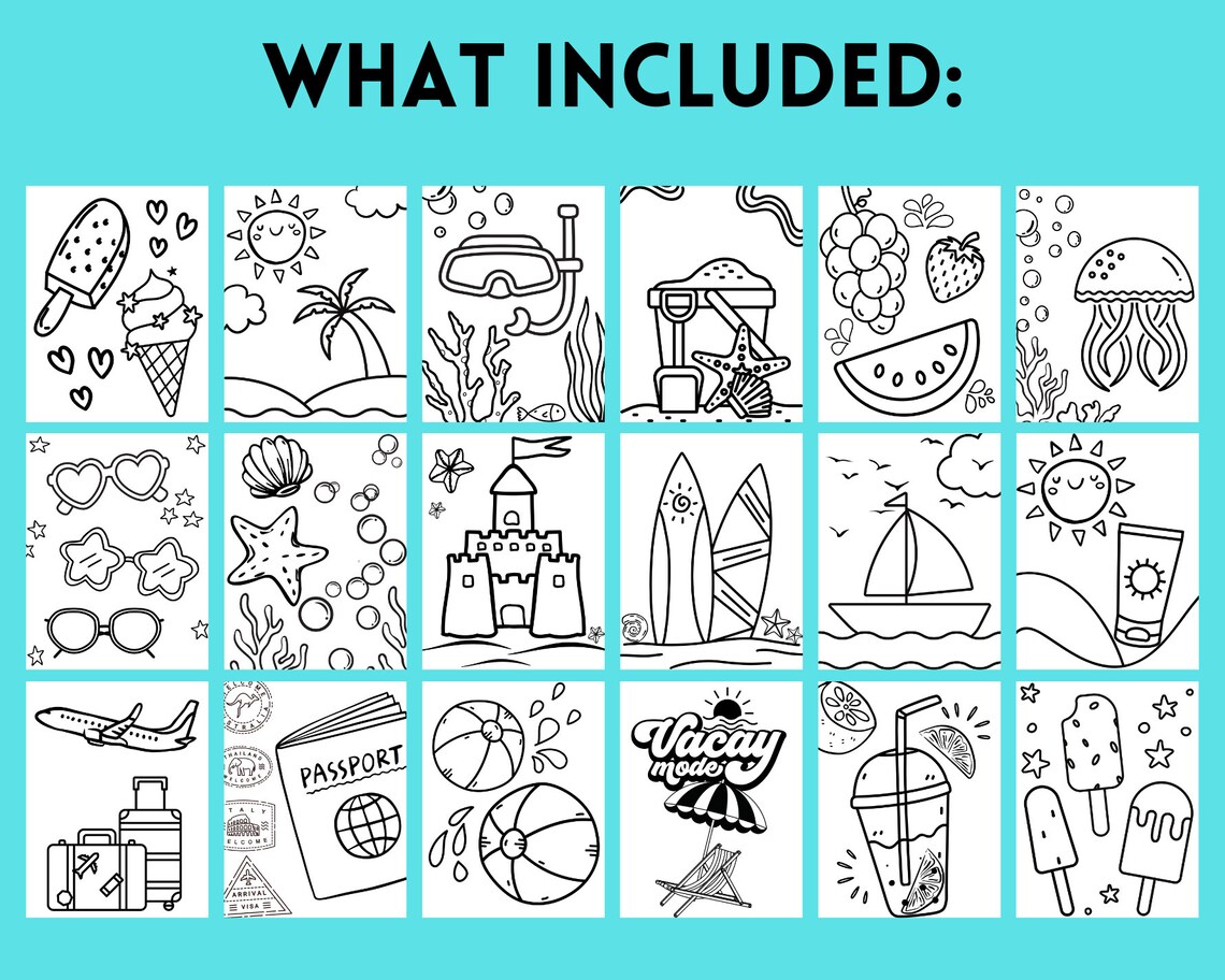 Summer Fun Coloring Page Set , Instant Download, Pool Party Activity ...