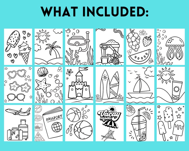 Summer Fun Coloring Page Set , Instant Download, Pool Party Activity ...