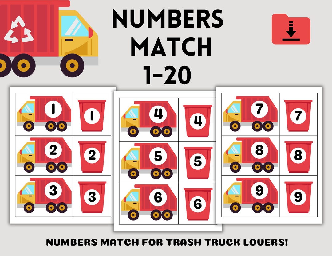 Garbage Truck Numbers Match, Preschool Printable, Preschool Counting ...