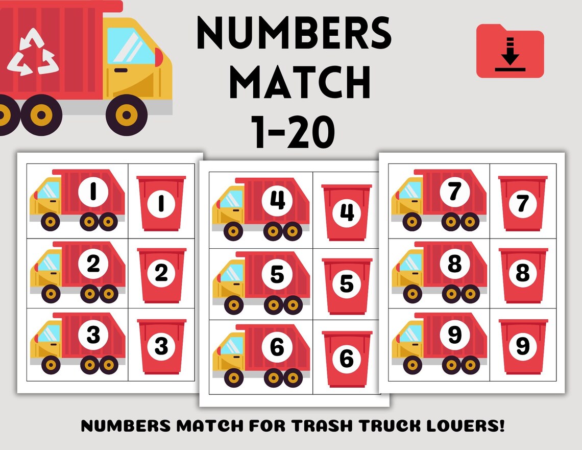 Garbage Truck Numbers Match, Preschool Printable, Preschool Counting ...