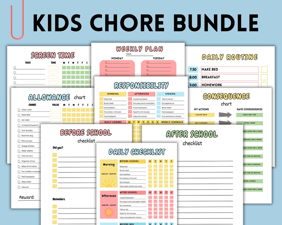 Kids Chore Charts, Reward, Screen Time Chart Checklist, School Routine ...