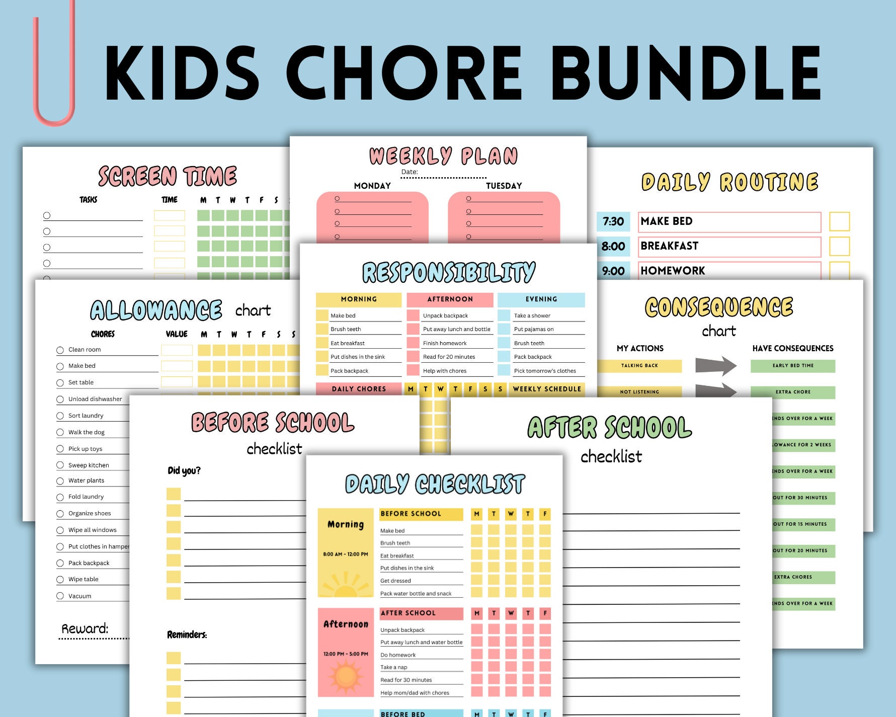 Kids Chore Charts, Reward, Screen Time Chart Checklist, School Routine ...