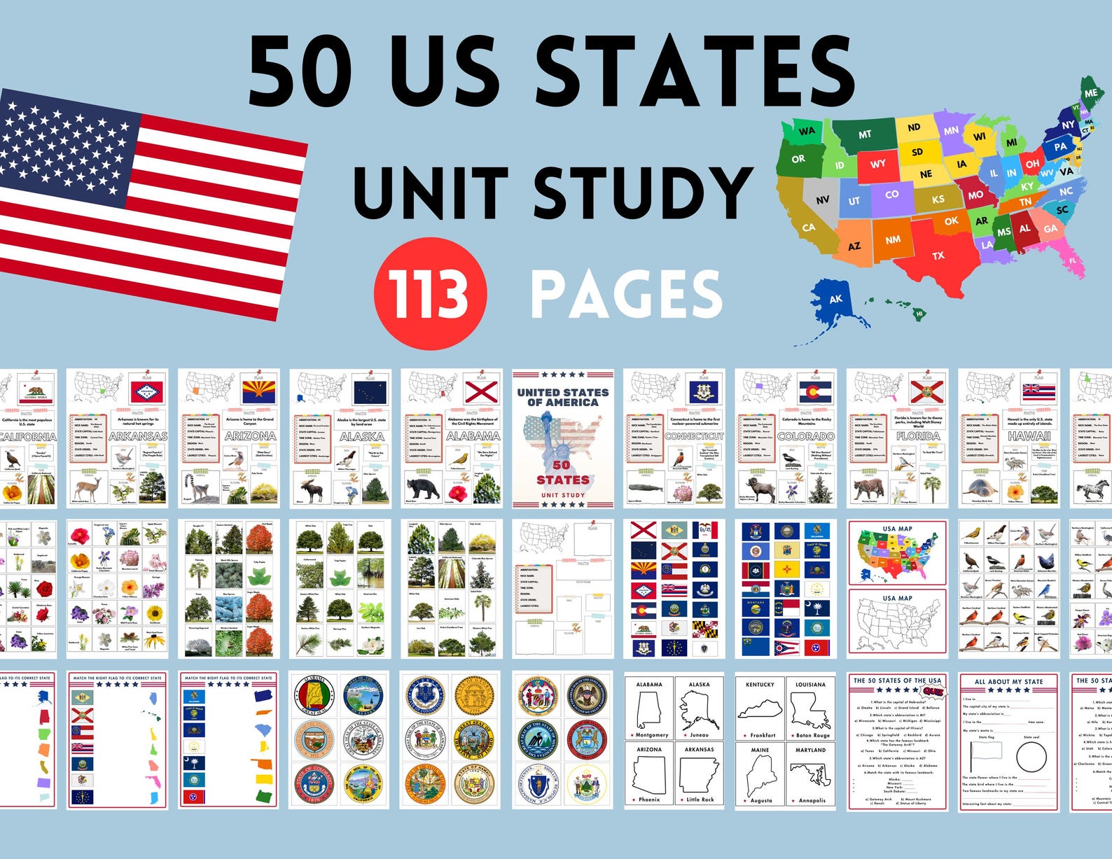 USA Unit Study Printable Homeschool Activities PDF - Etsy