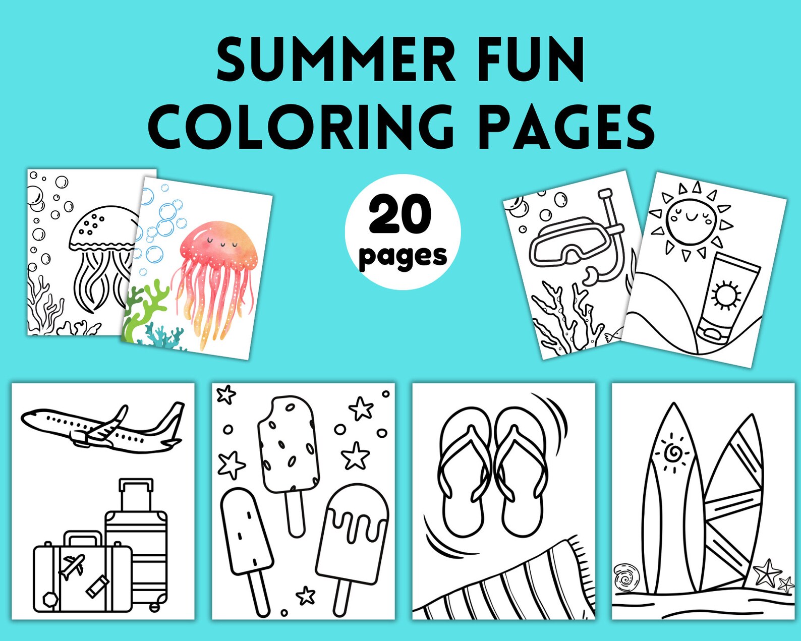 Summer Fun Coloring Page Set , Instant Download, Pool Party Activity ...