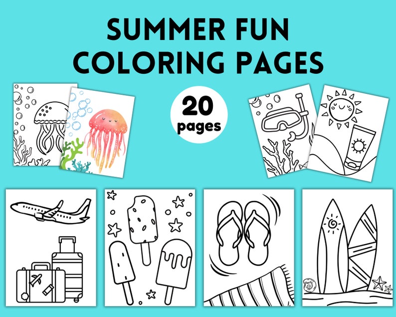Summer Fun Coloring Page Set , Instant Download, Pool Party Activity ...