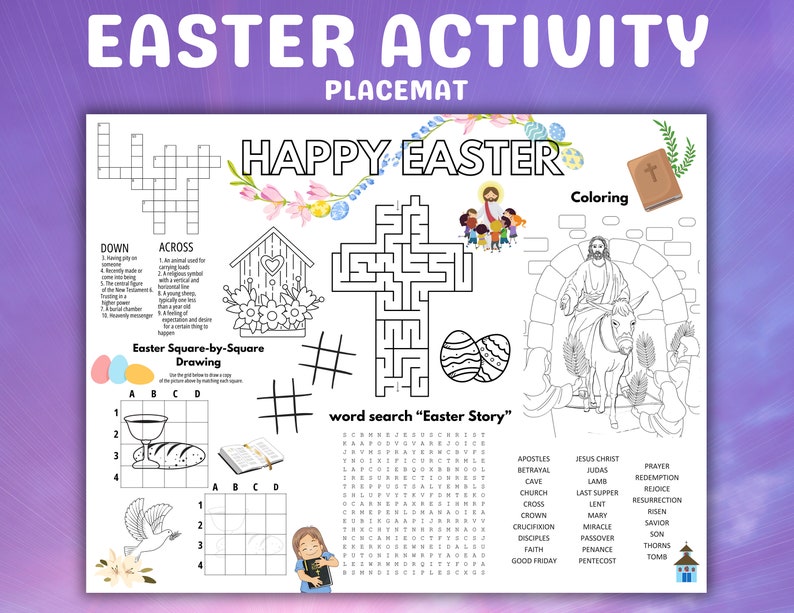 Kids Easter Bible Activity Coloring Placemat, Easter Sunday School ...