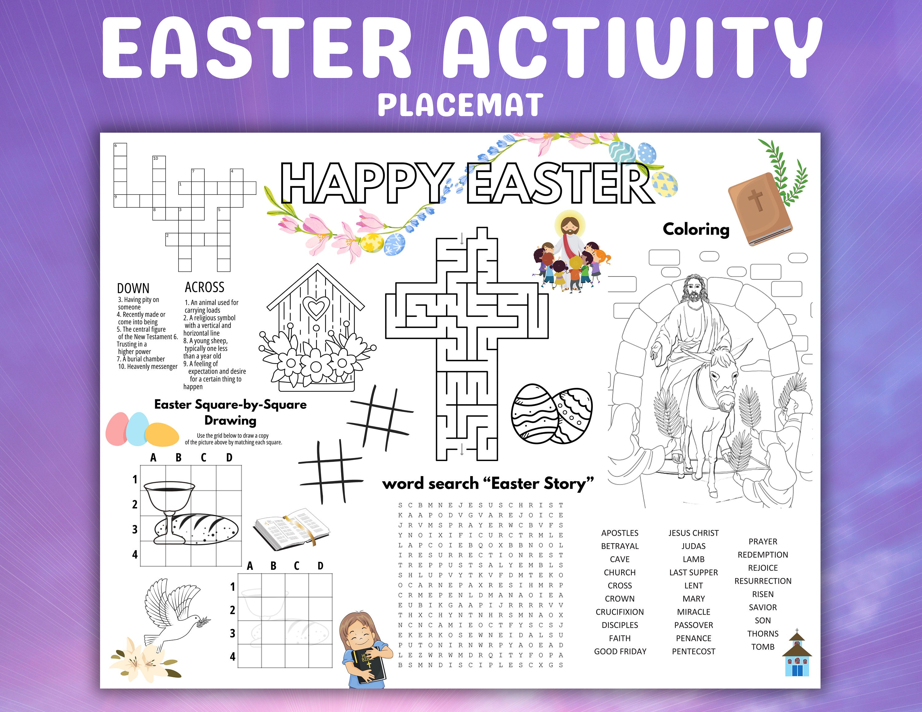 Kids Easter Bible Activity Coloring Placemat, Easter Sunday School ...