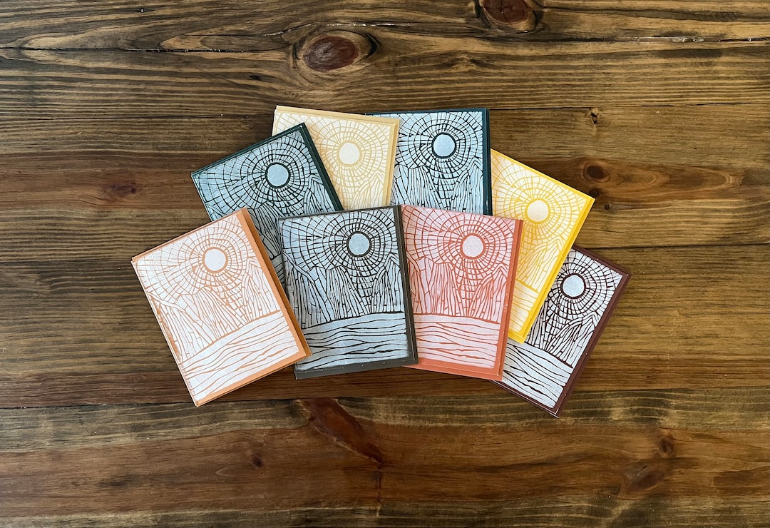 Mountain Sunrise Cards, 8-pack—greeting Card—block Print—handmade - Etsy