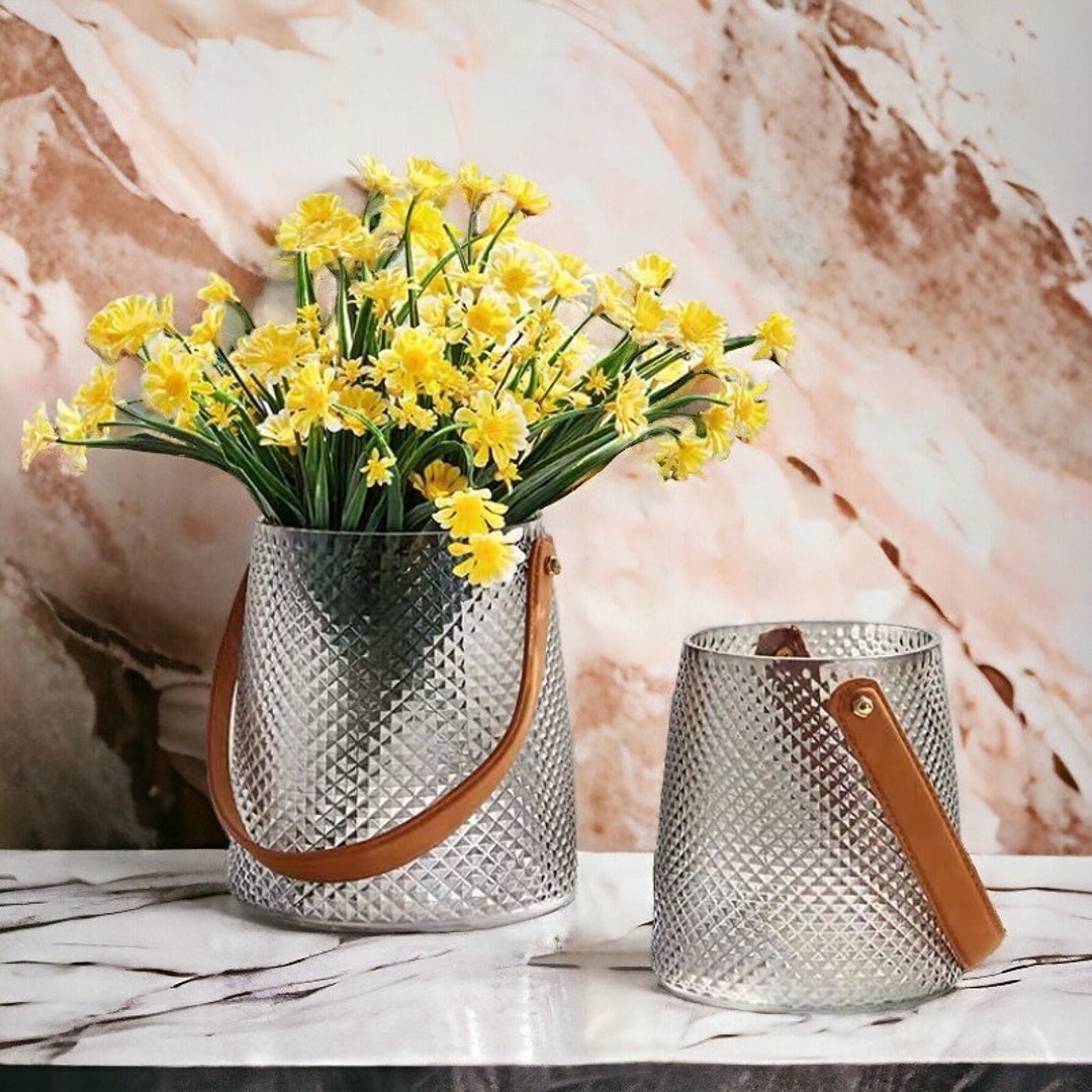 Ribbed Glass Bucket Vase | Wedding Home Decor | Frosted Vase | Leather ...