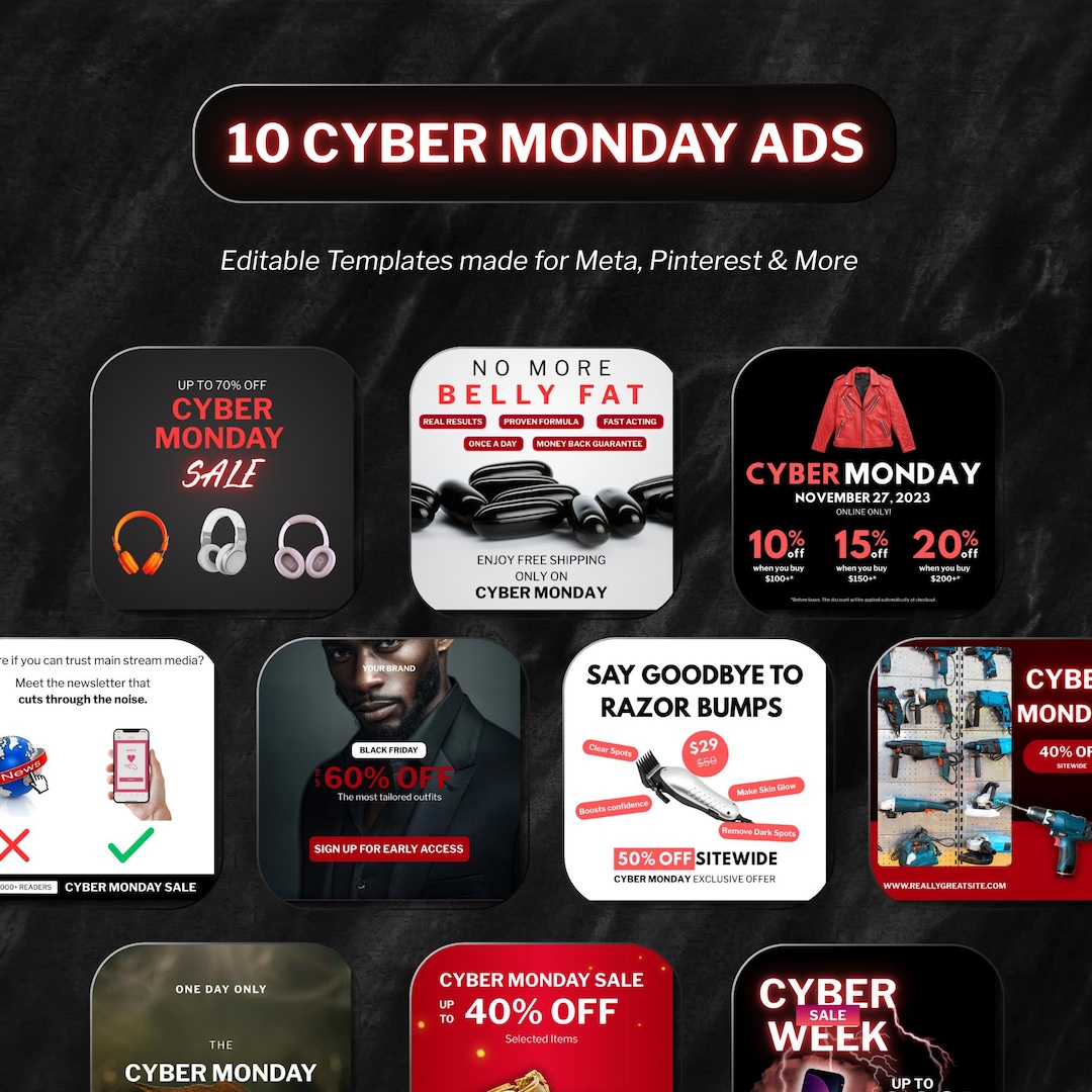 10 Cyber Monday Ad Templates: Red, Black, White Canva Ads (digital ...