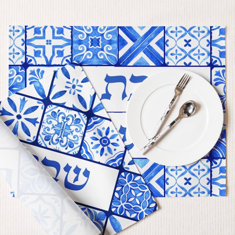 Shabbat Placemat Cotton Set 4pcs Blue Tiles Jewish Tableware - Etsy
