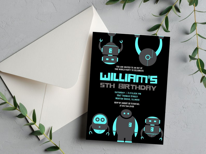 EDITABLE Robot Birthday Party Invitation, Robot Birthday Invitation ...
