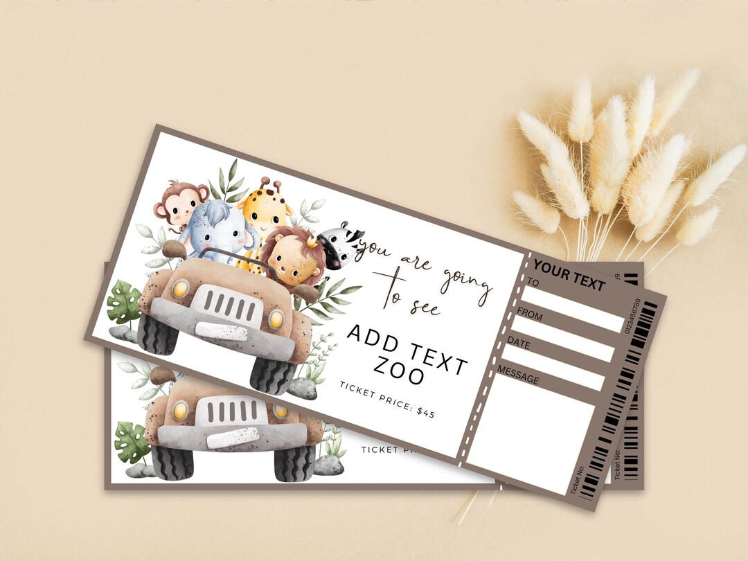 Printable ZOO or SAFARI PARK Surprise Gift Reveal Ticket, Surprise Zoo ...