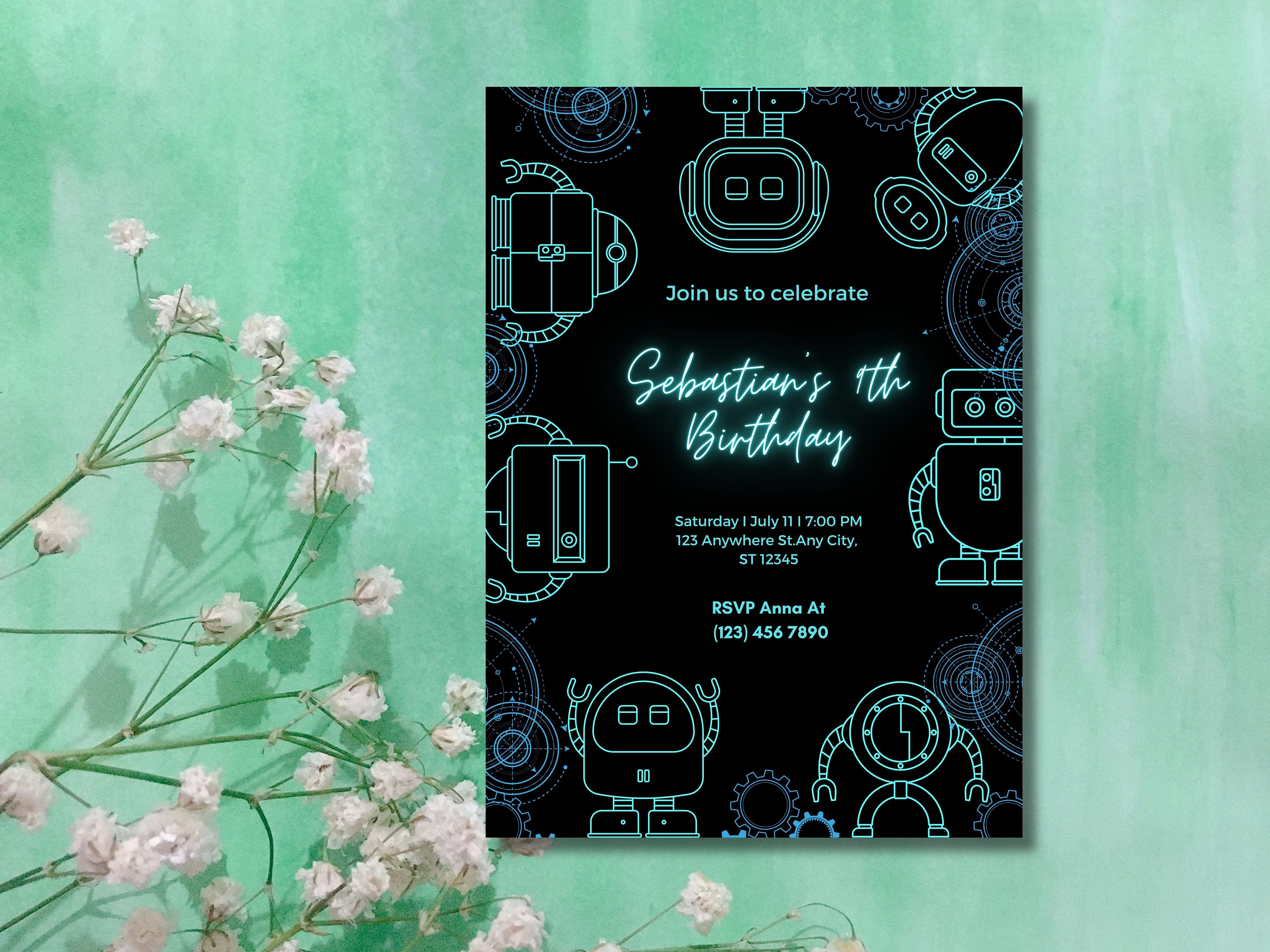 Robot Birthday Party Invitation, Robot Birthday Invitation Template ...