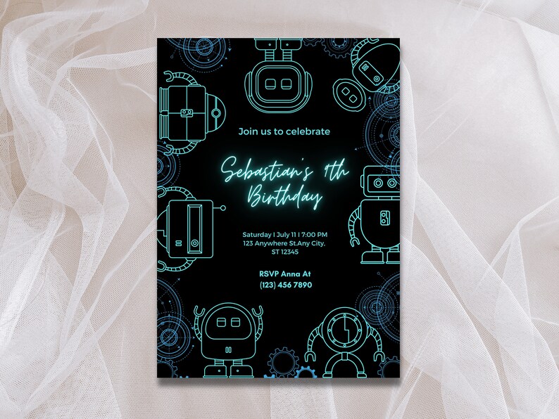 Robot Birthday Party Invitation, Robot Birthday Invitation Template ...