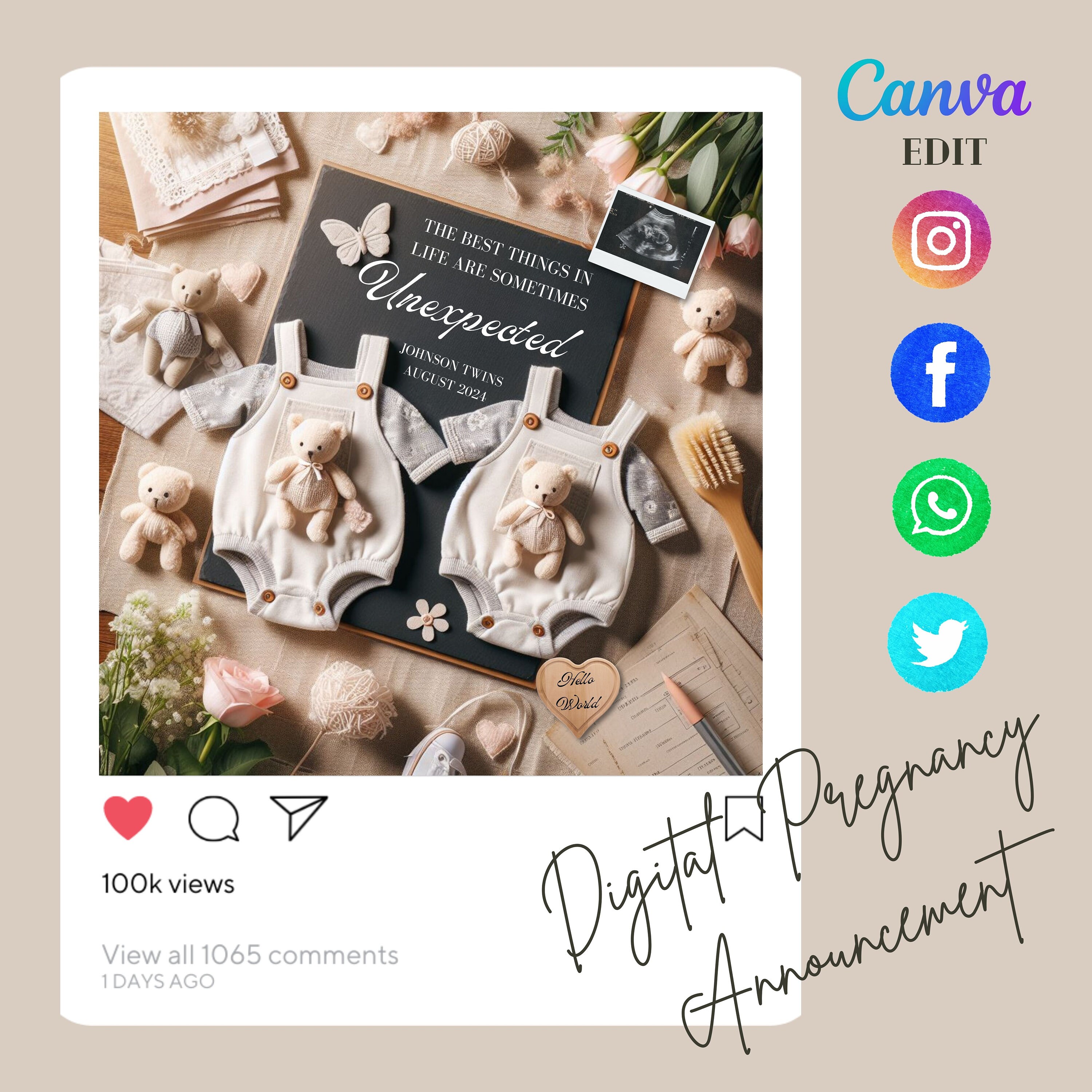 Twin Pregnancy Announcement Digital, Gender Neutral Pregnancy ...