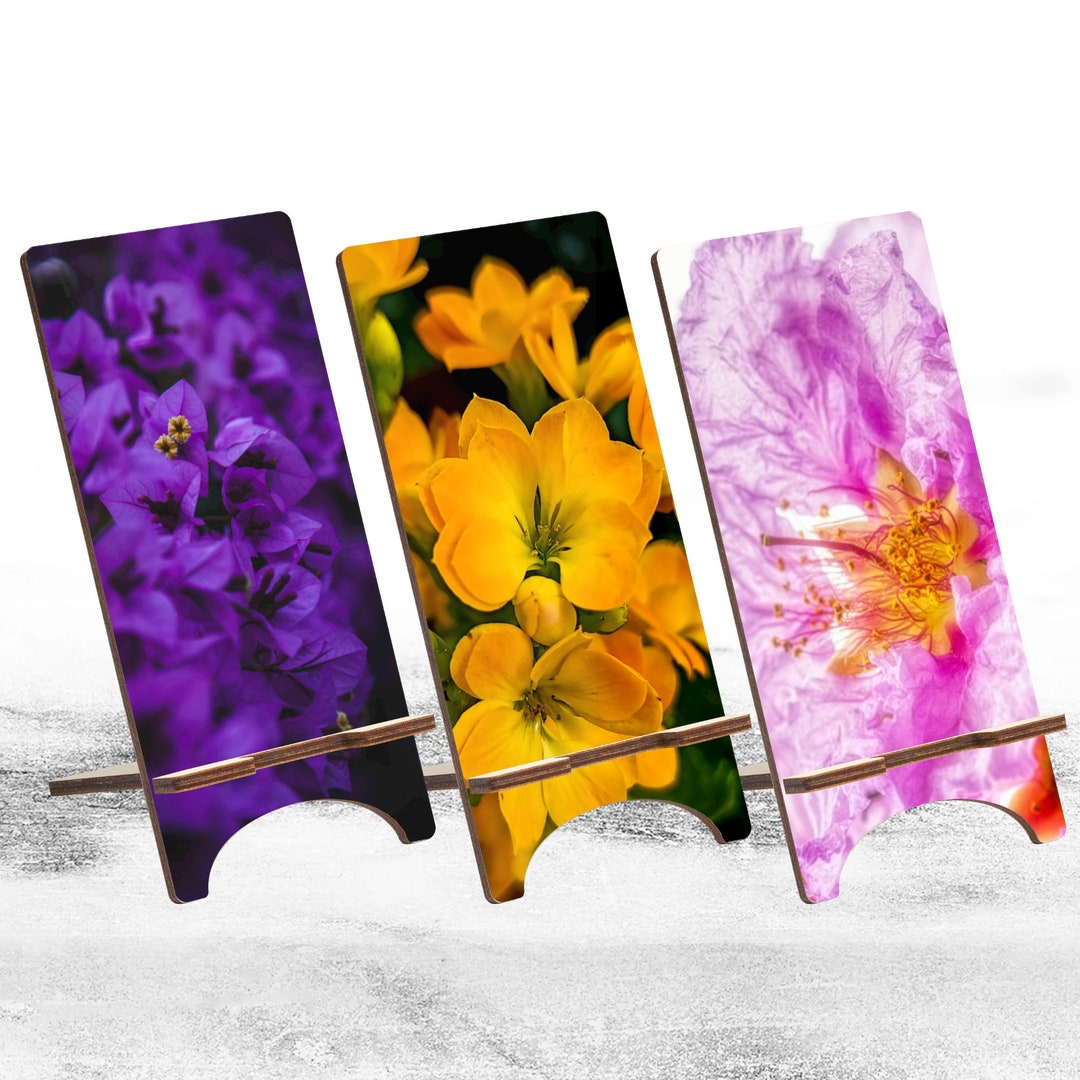 Yellow Flowers Wood Phone Stand, Violet Holder for iPhone 14 13 12 11 ...