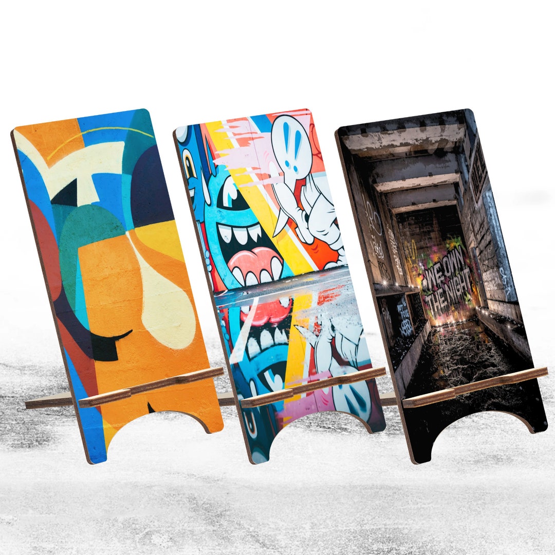 Urban Art Wood Phone Stand, Graffiti Art Holder for iPhone 14 13 12 11 ...