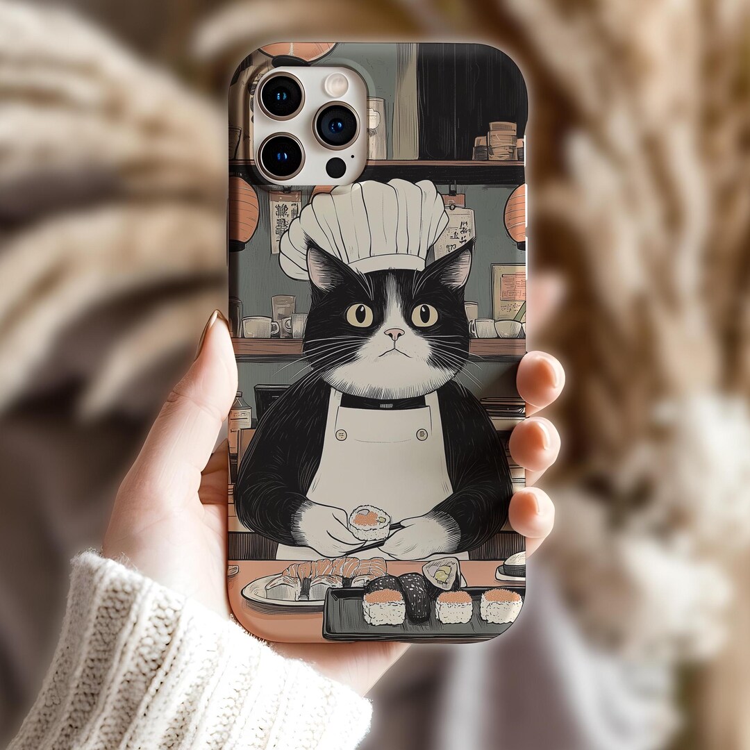 Cute Tuxedo Cat Sushi Chef for iPhone 16-X 8 Galaxy S24-S10 Tough Case ...