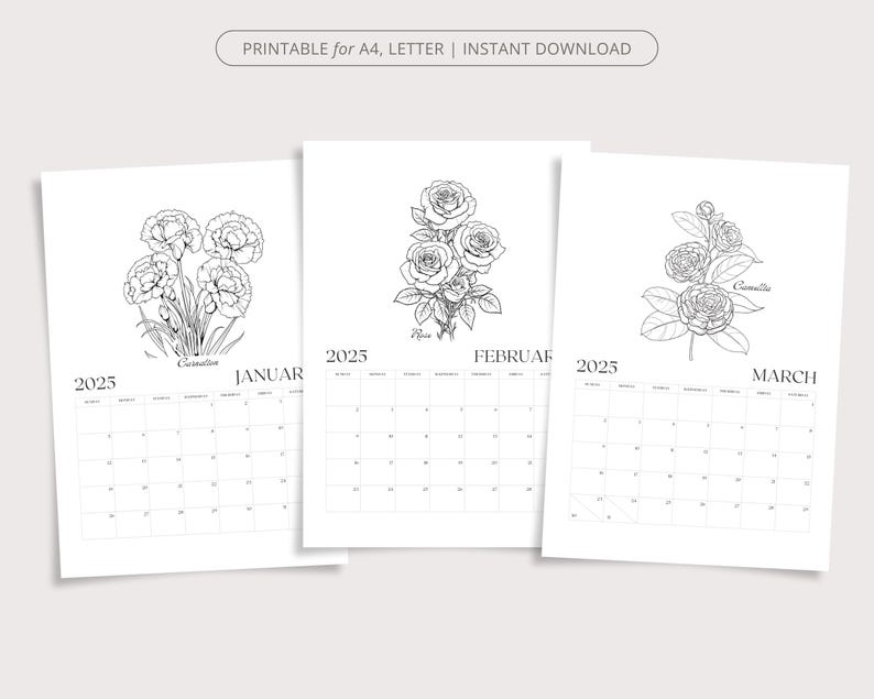 Flowers Coloring Calendar 2025 for Self-care Mood Reflection - Instant ...