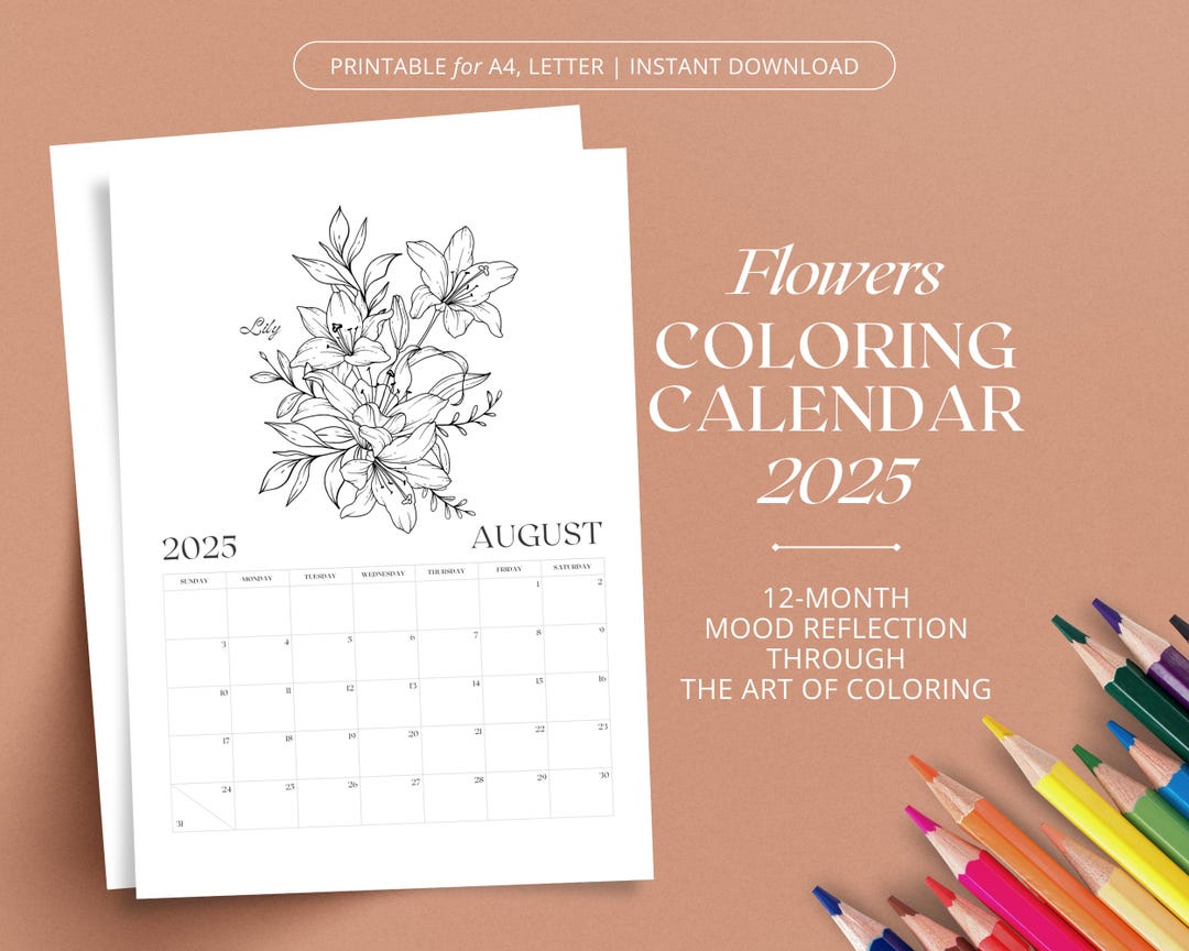 Flowers Coloring Calendar 2025 for Self-care Mood Reflection - Instant ...