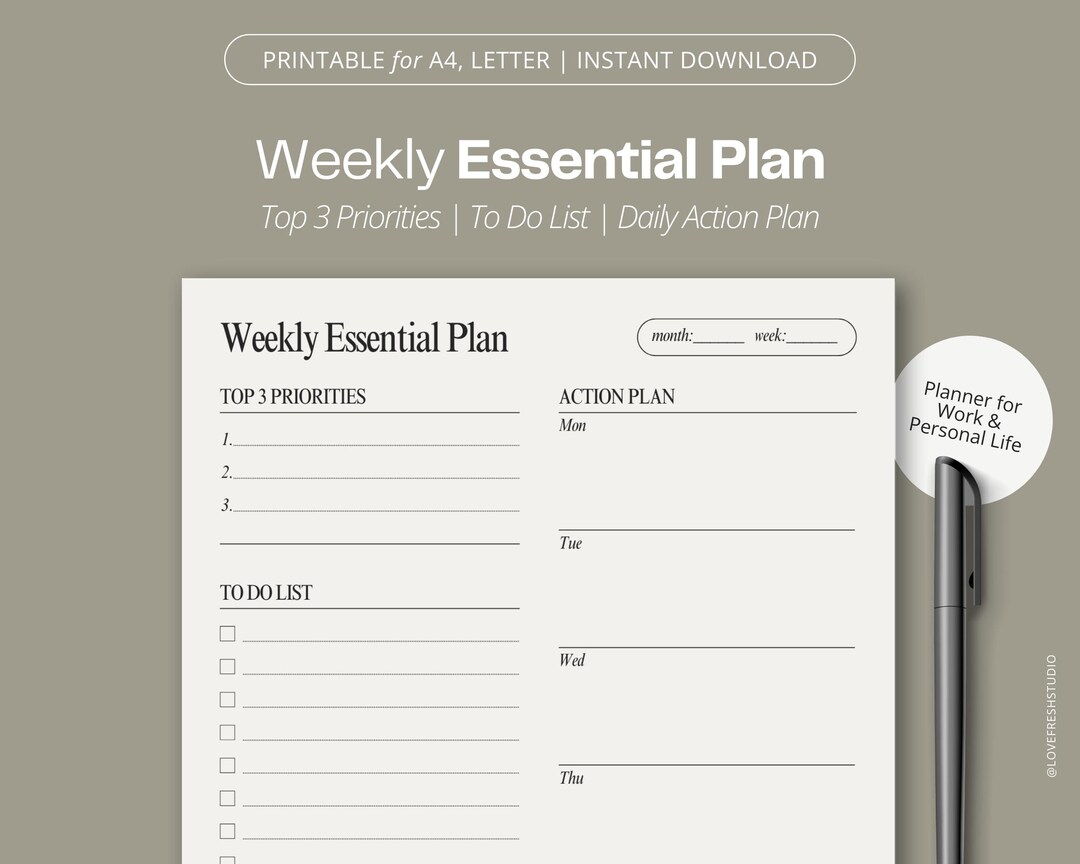 Weekly Essential Plan With Top 3 Priorities, to Do List, Action Plan ...