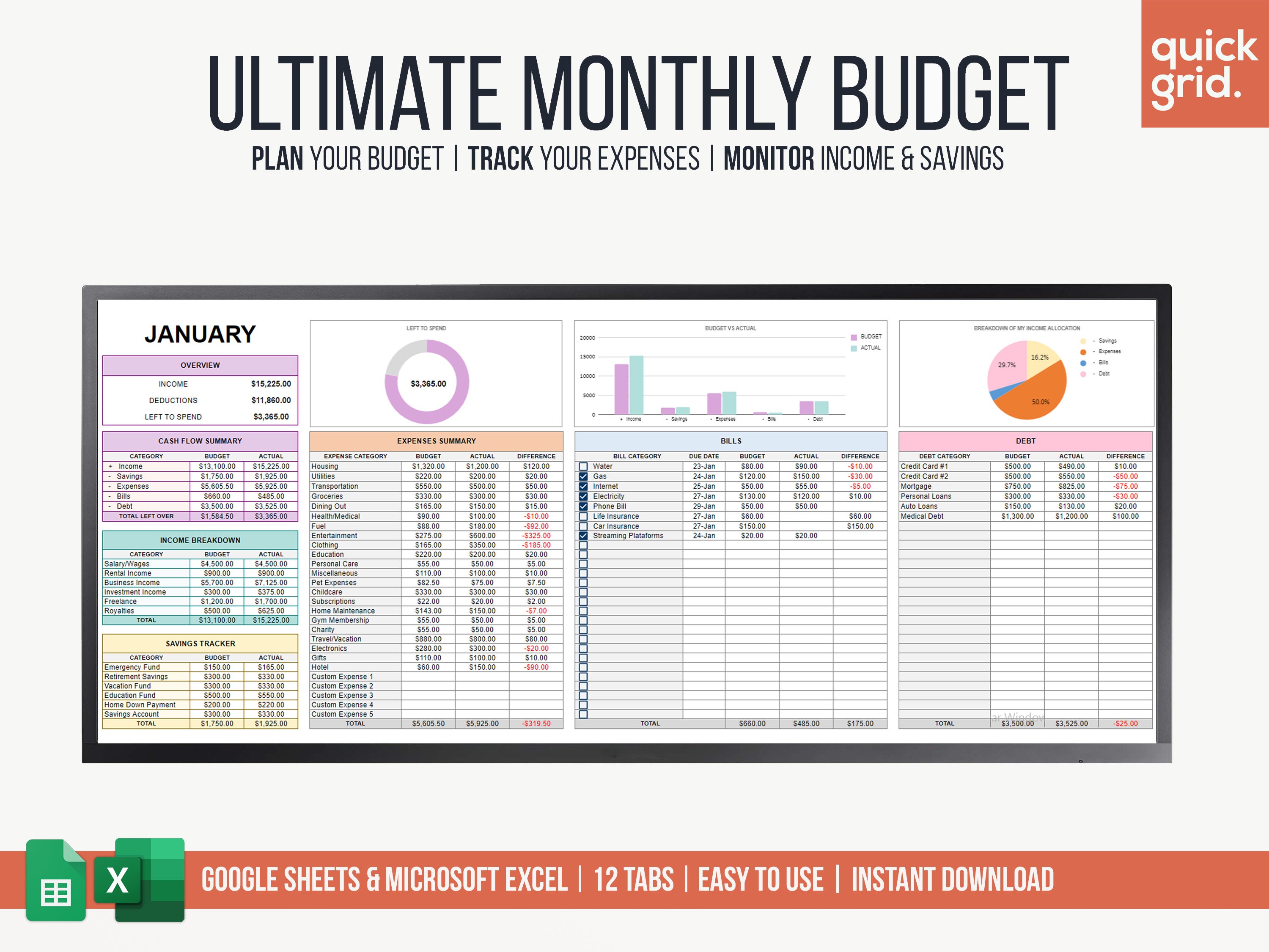 Ultimate Monthly Excel Template Google Sheets Budget Planner Template ...