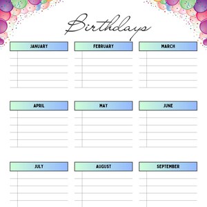 Birthday Printable PDF Calendar | A4 Editable Birthday List | Student ...