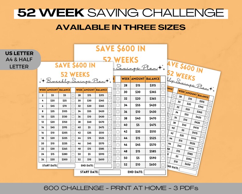 600 Biweekly Savings Plan, 52 Week Saving Challenge, 52 Week Savings ...