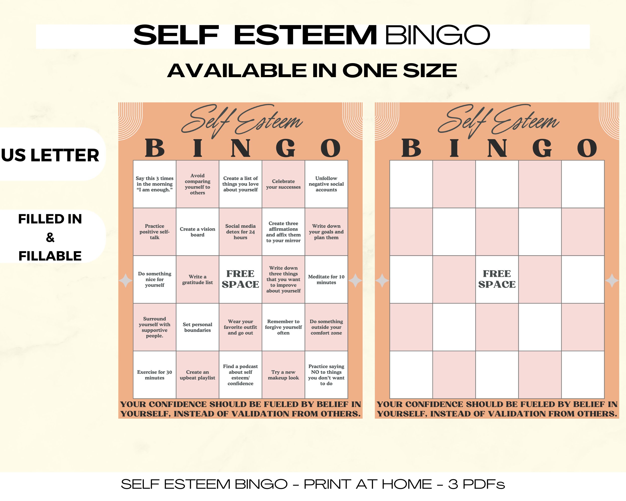 Self Esteem Bingo, Self Care Printable, Self Love Challenge, Love ...