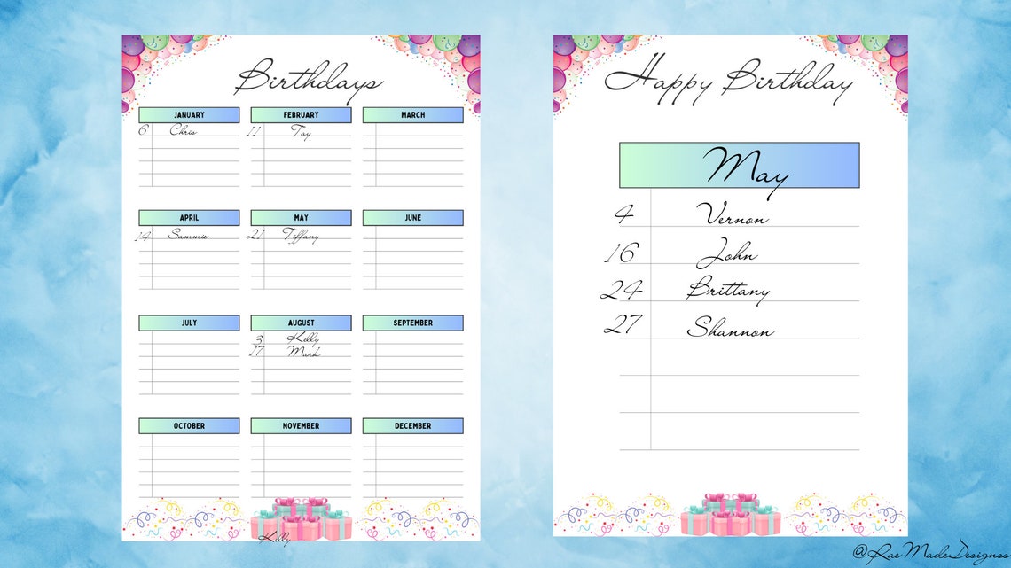 Birthday Printable PDF Calendar | A4 Editable Birthday List | Student ...