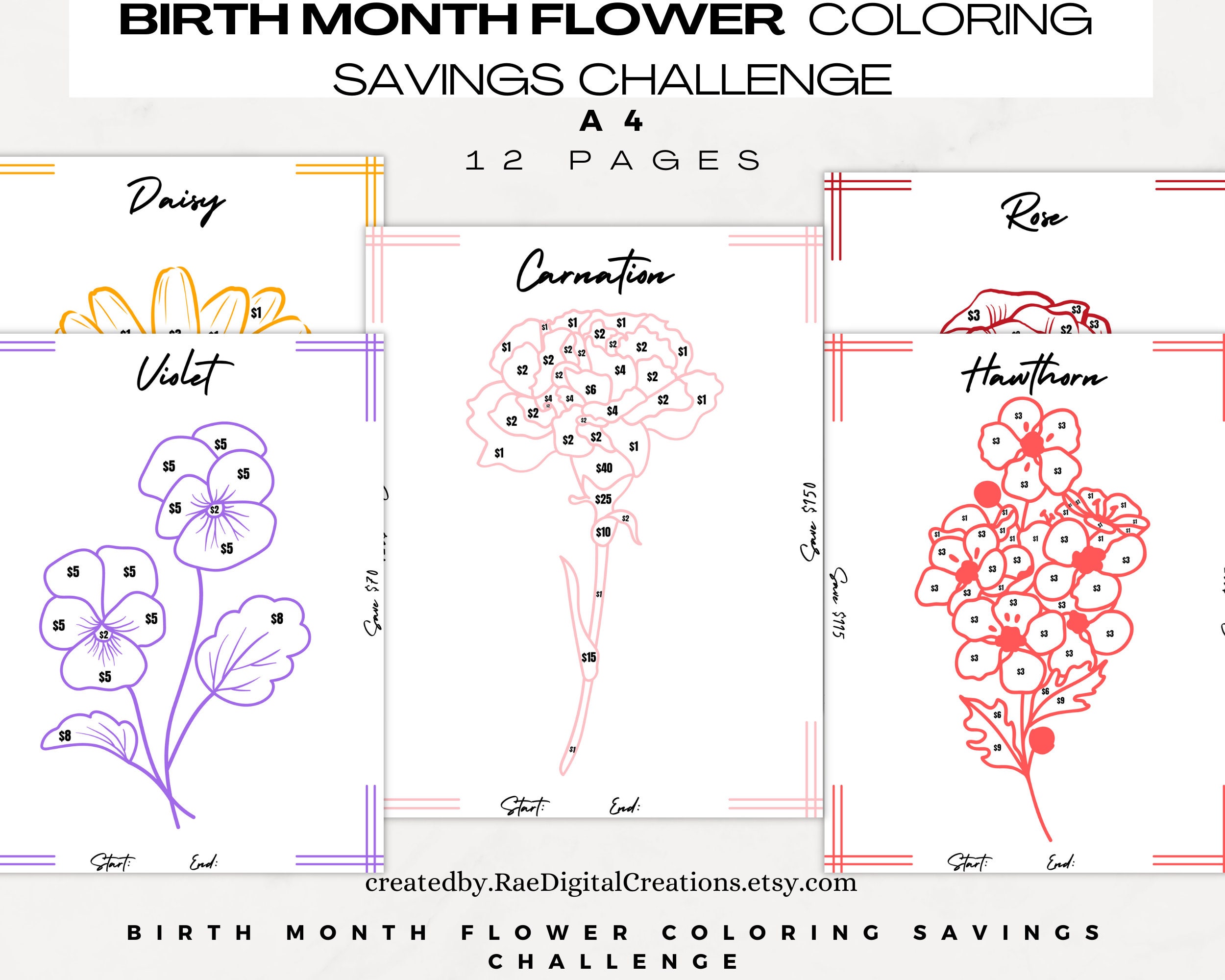 Floral Coloring Savings Challenge, Mini Savings, Save Money Challenge ...