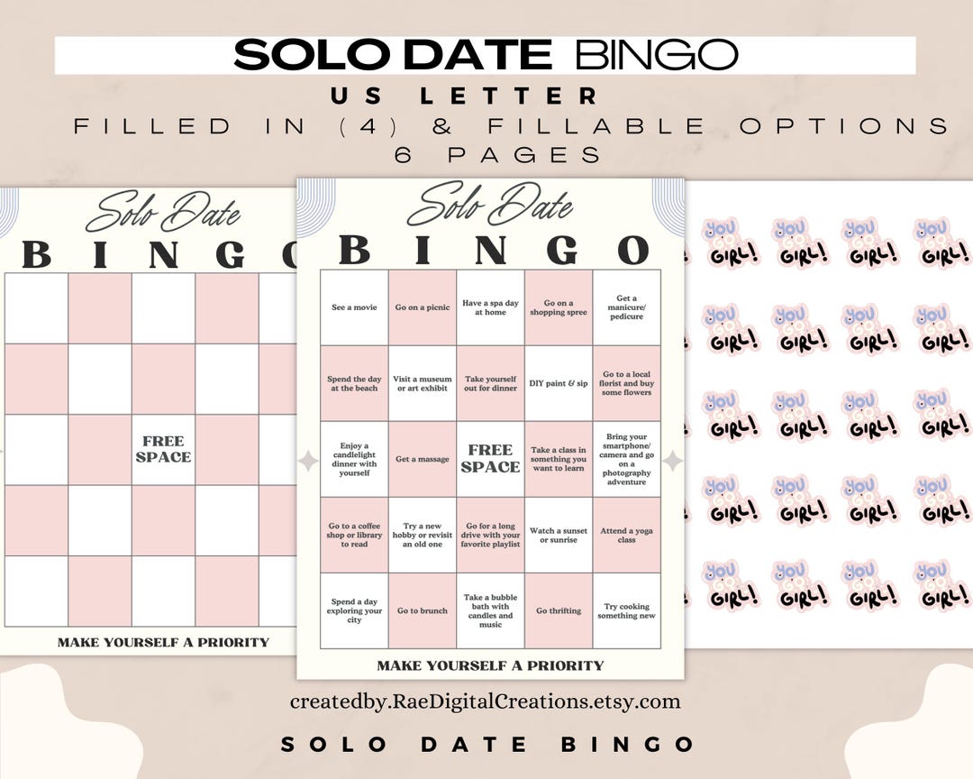 Solo Date Bingo, Self Care Printable, Dating Yourself, Me Time, Self ...