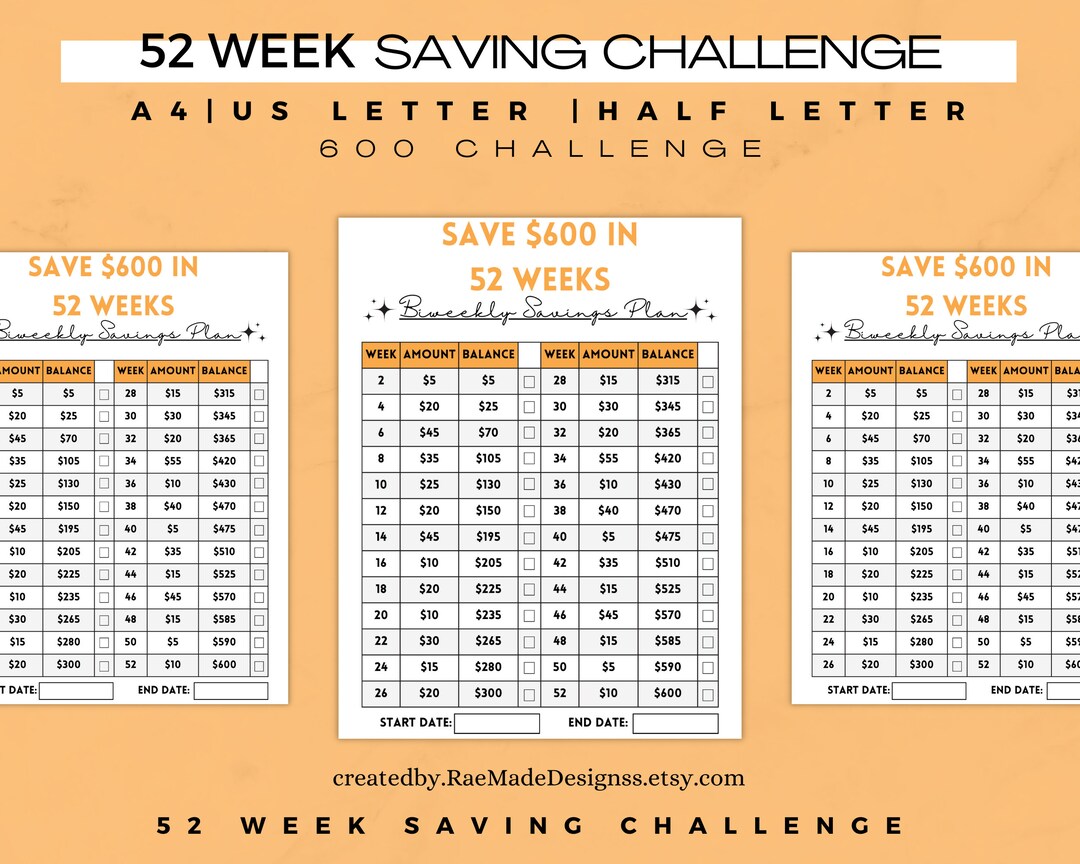 600 Biweekly Savings Plan, 52 Week Saving Challenge, 52 Week Savings ...