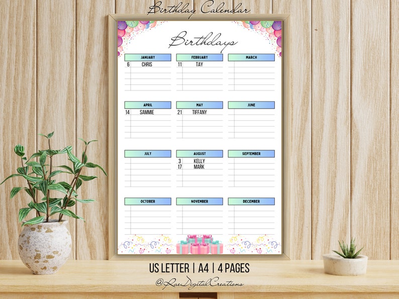 Birthday Printable PDF Calendar A4 Editable Birthday List Student ...
