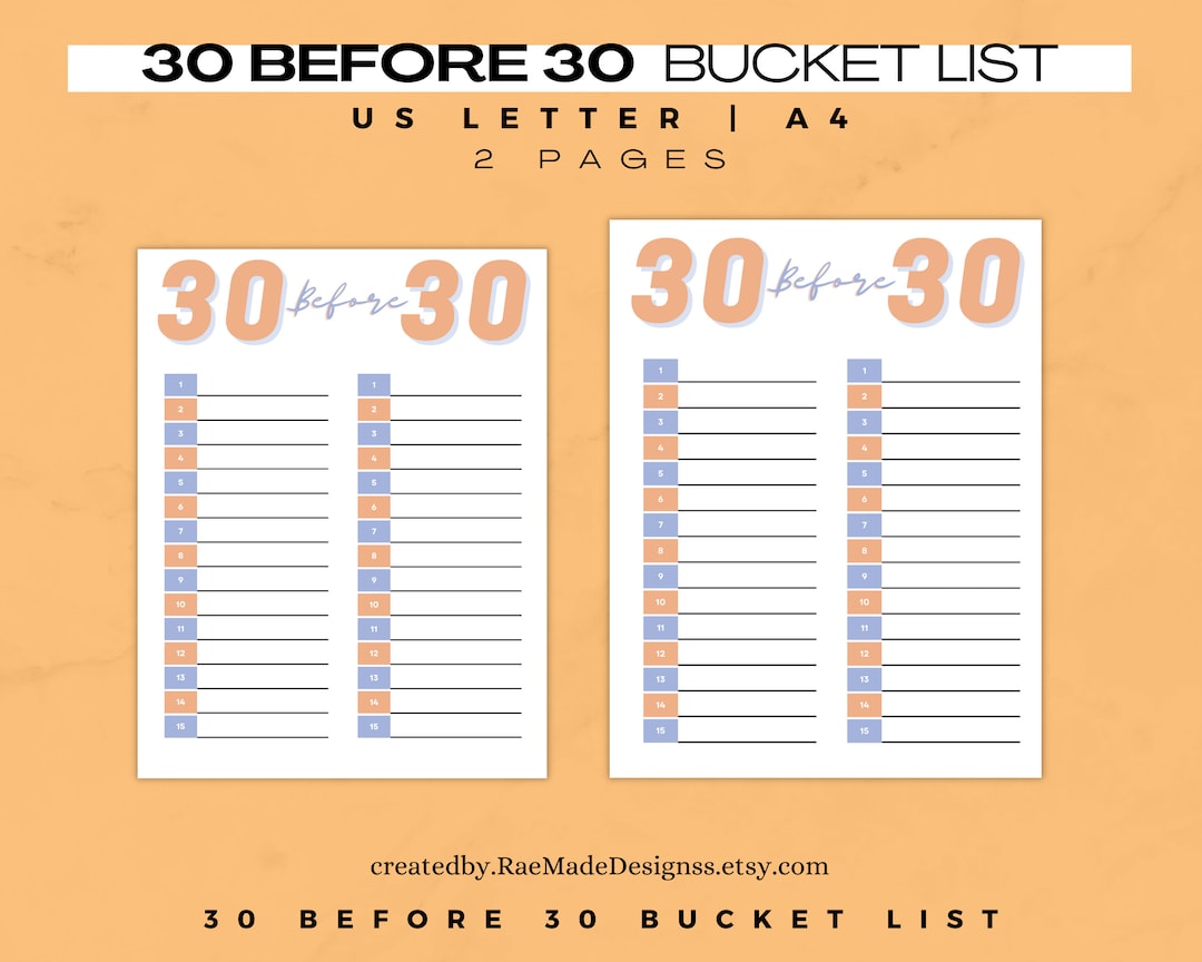 30 Before 30 List, Bucket List, Life Goals Planner, Itinerary Planner ...