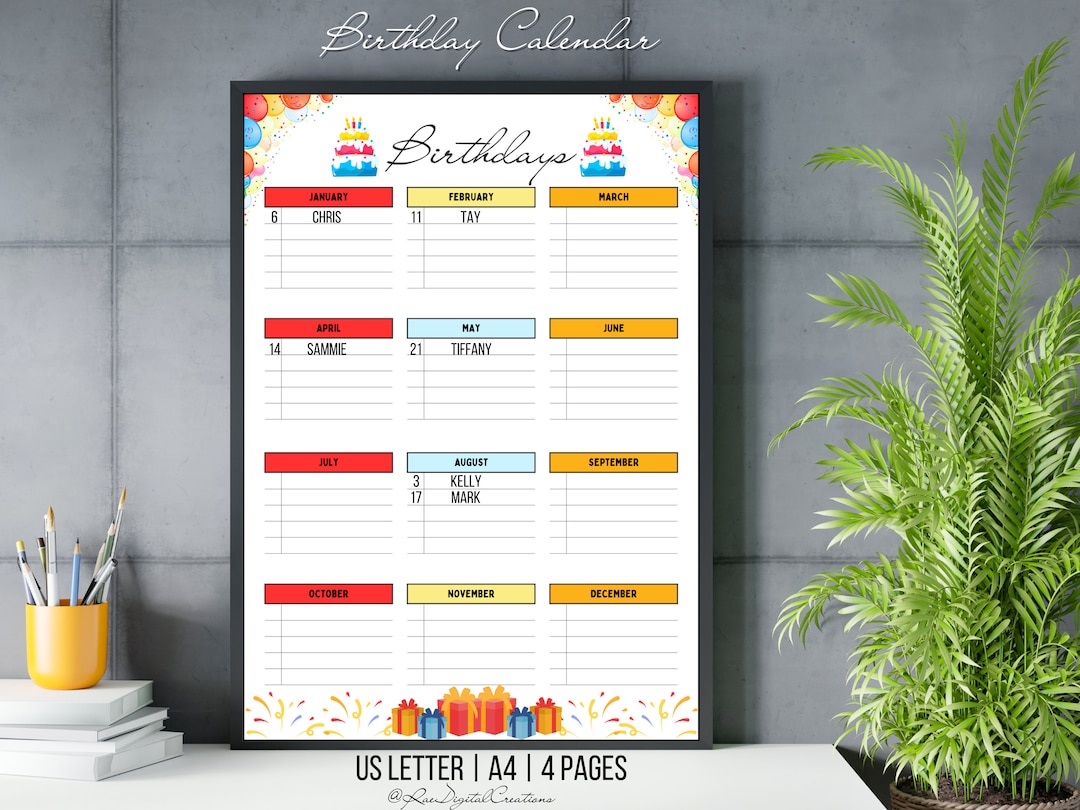 Birthday Printable PDF Calendar | A4 Editable Birthday List | Student ...