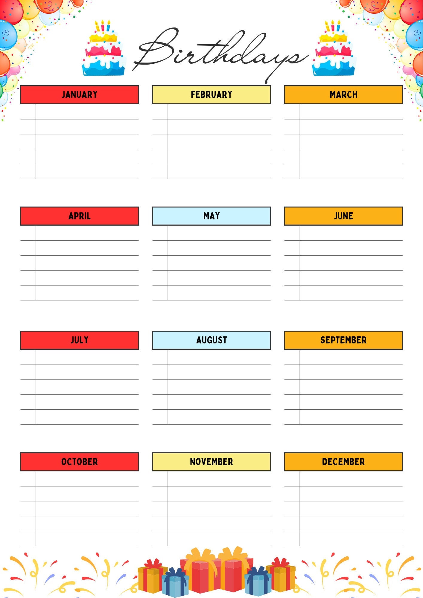 Birthday Printable PDF Calendar A4 Editable Birthday List Student ...