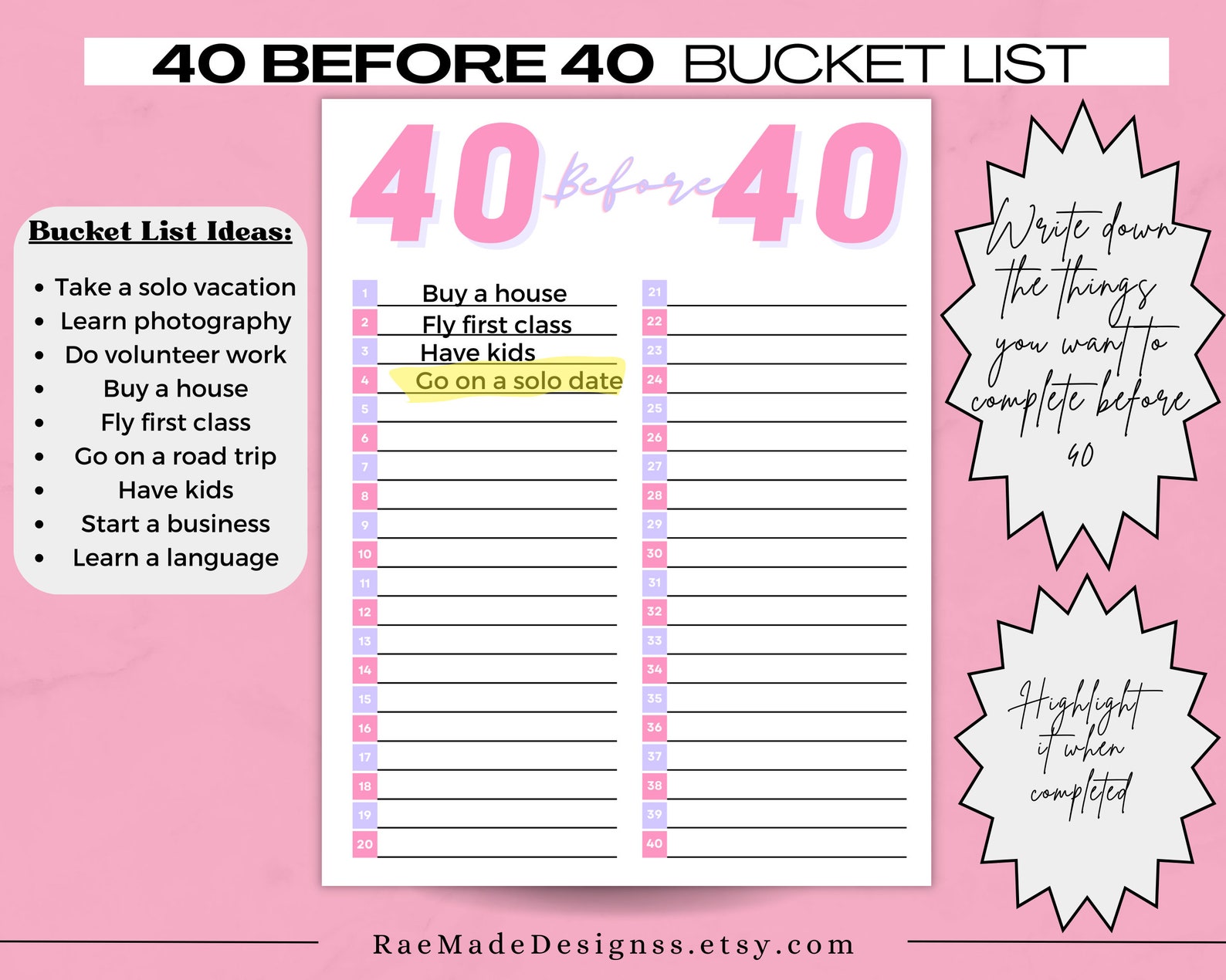 40 Before 40 List, Bucket List, Life Goals Planner, Itinerary Planner ...