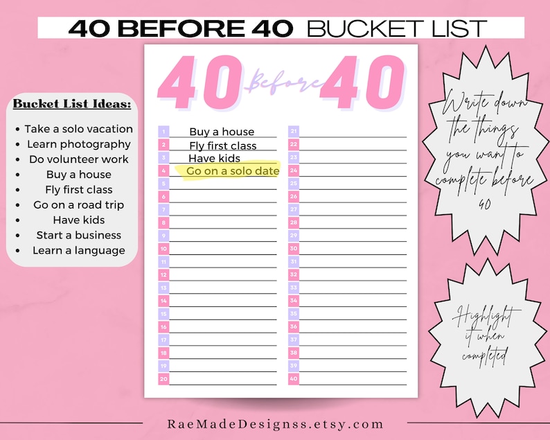 40 Before 40 List, Bucket List, Life Goals Planner, Itinerary Planner ...