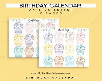 Birthday Printable PDF Calendar | A4 Editable Birthday List | Student ...