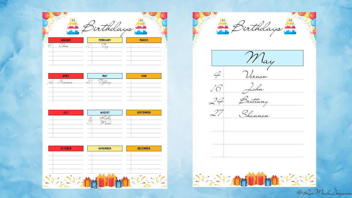 Birthday Printable PDF Calendar | A4 Editable Birthday List | Student ...