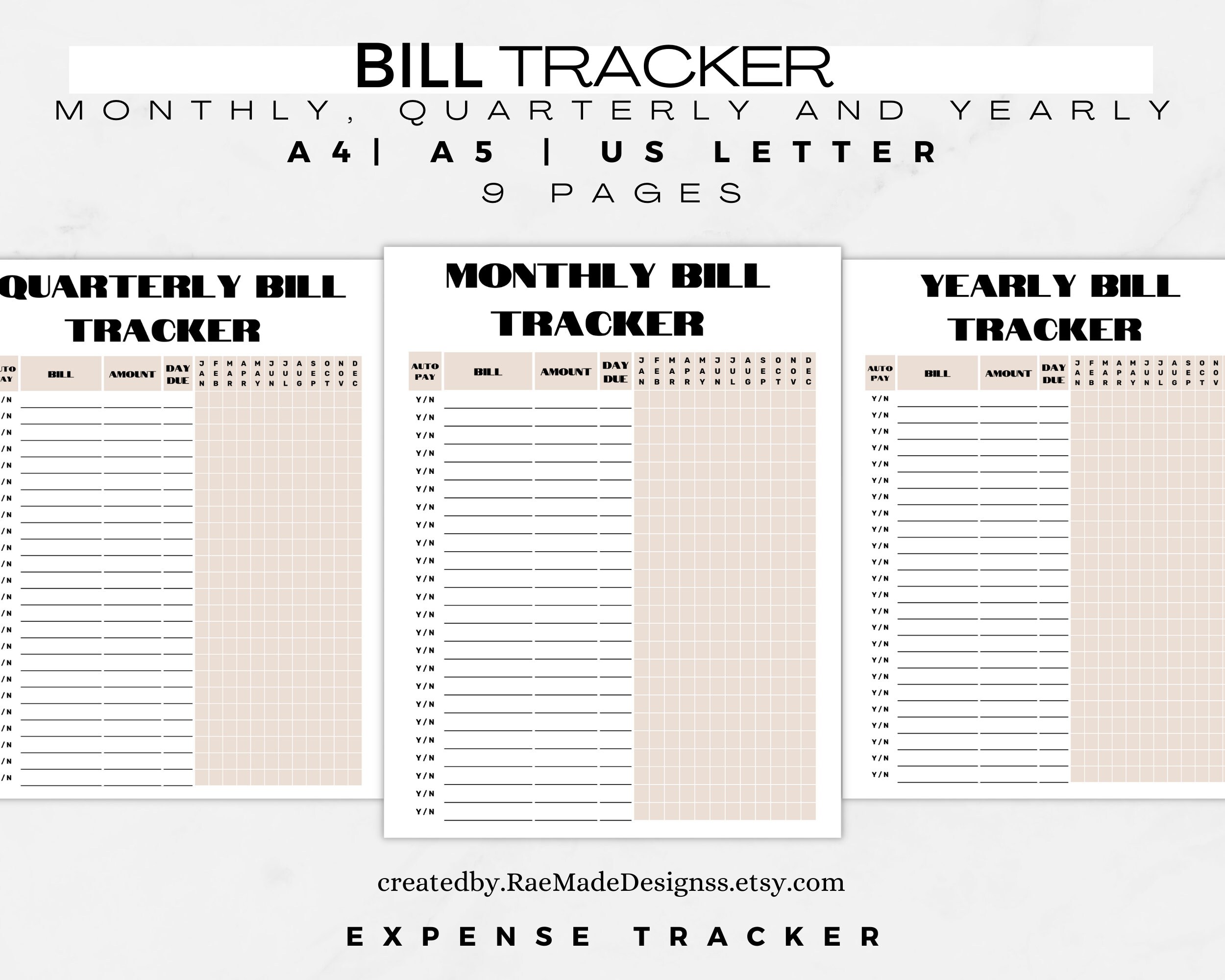 Bill Tracker Printable, Finance Planner, Yearly Bills Log, Monthly ...