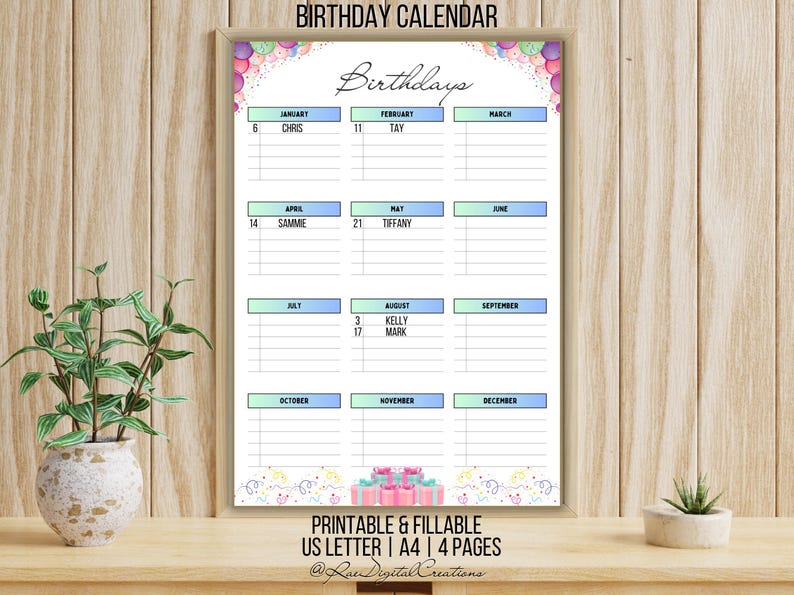 Birthday Printable PDF Calendar | A4 Editable Birthday List | Student ...