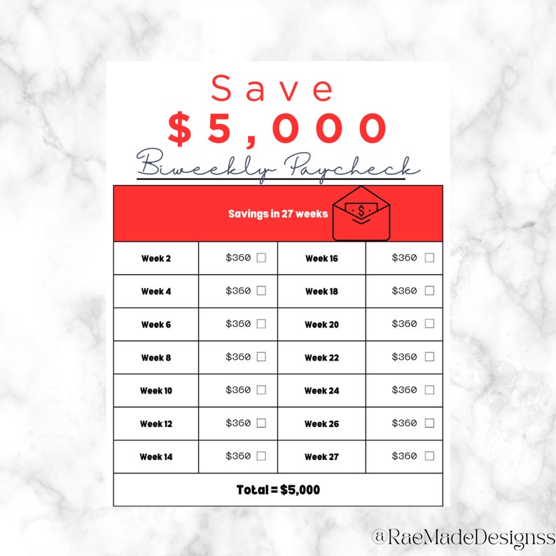 5K Biweekly Paycheck | Savings Tracker | 5k Savings Challenge ...